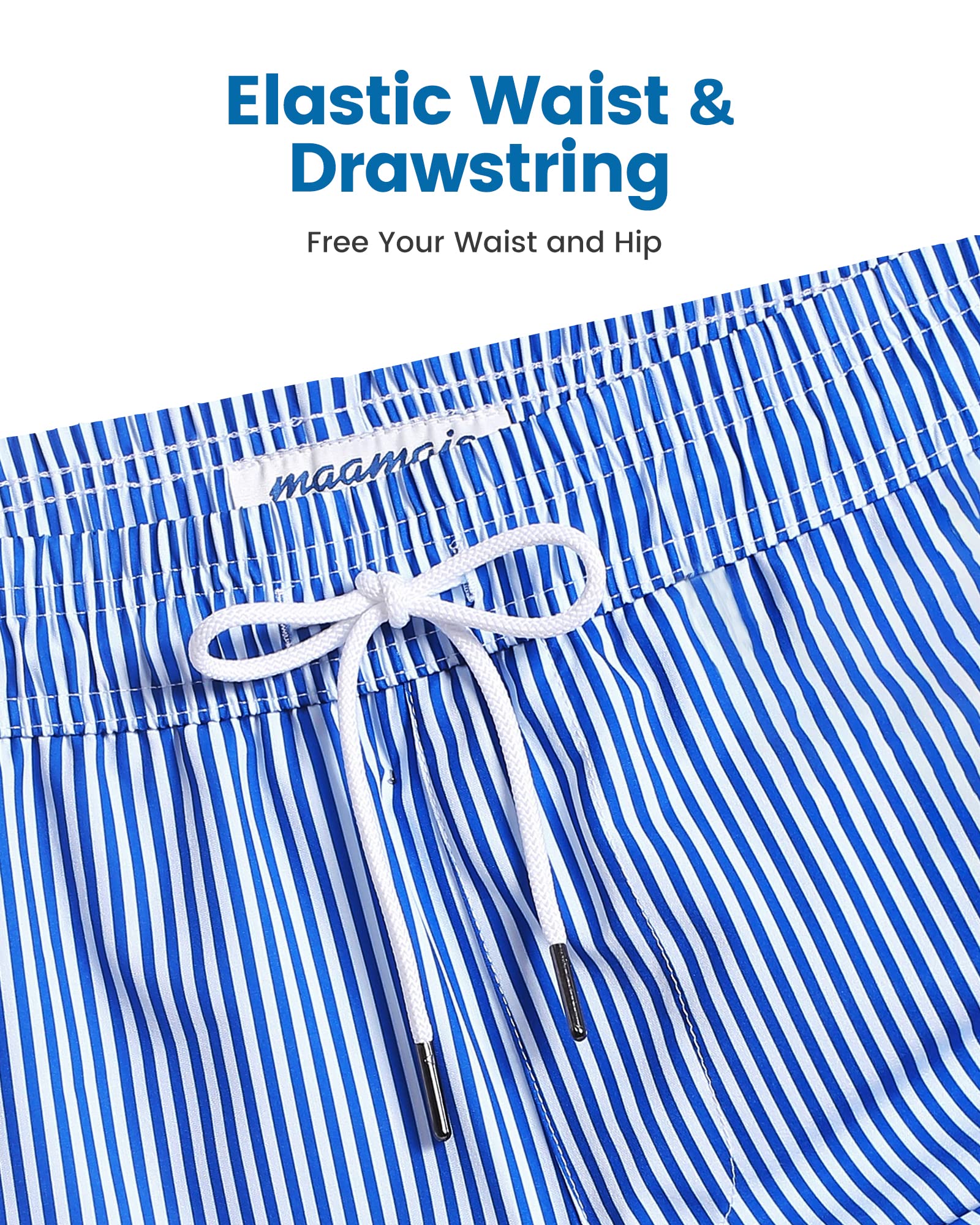 maamgic Mens Swim Trunks with Compression Liner 5" Stretch Beach Shorts Quick Dry with Zipper Pockets No-Chafing Board Shorts Blue White Stripe M
