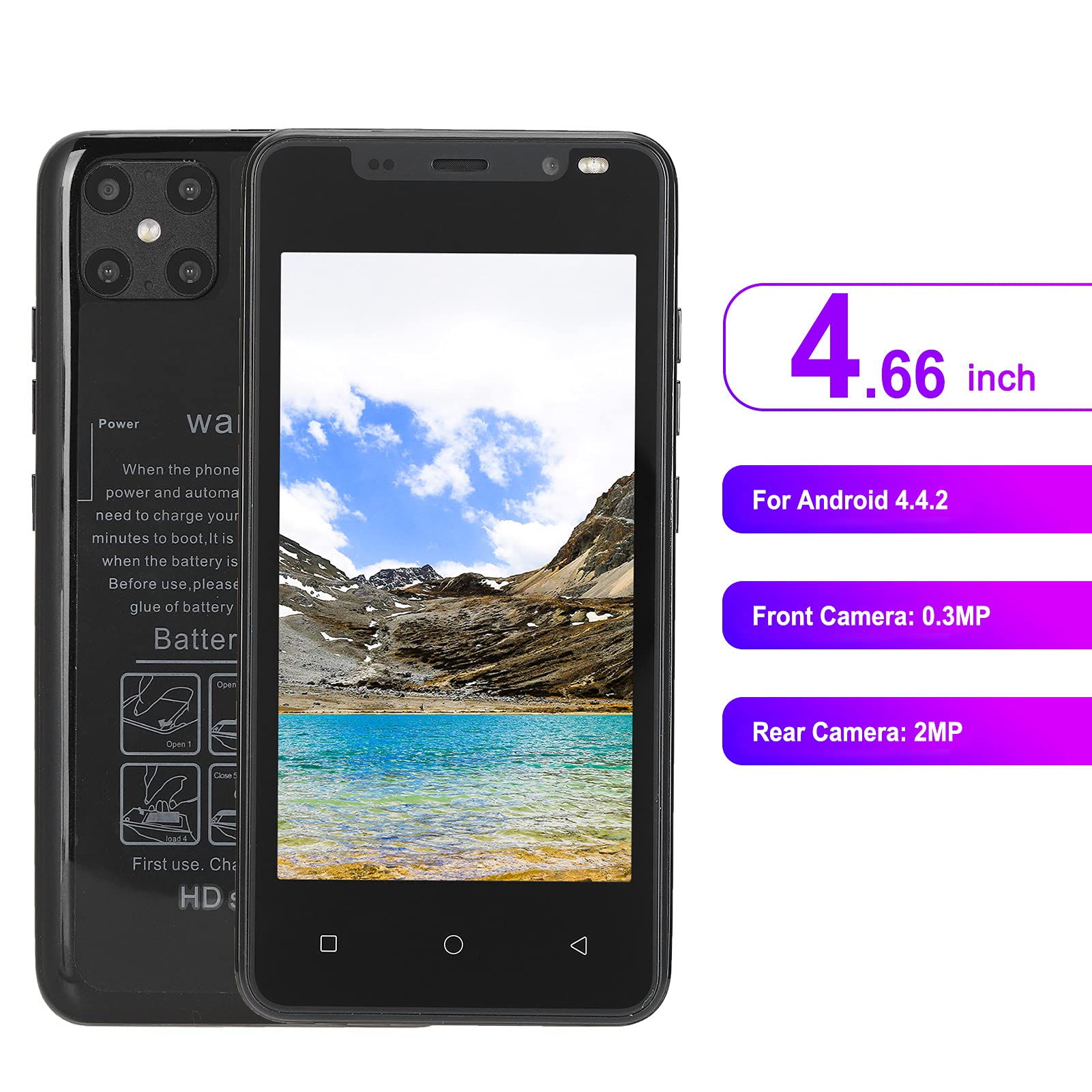 IP 12 Pro 4.66in Unlocked Smartphone, 512MB+4GB, for Android 4.4.2, 0.3MP+ 2MP,1500mAh, Dual Card Dual Standby Cell Phone, WiFi+BT+FM Supported, Expanded 128GB Memory(Black)