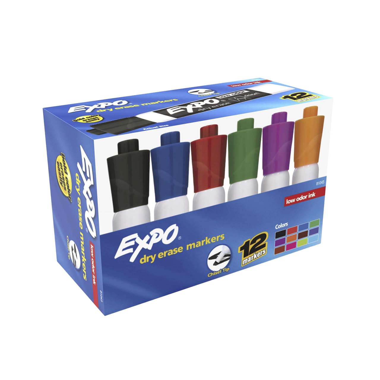 EXPO Low Odor Dry Erase Markers, Chisel Tip, Assorted Colors, 12 Count