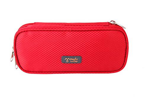 Large Capacity Double Zipper Pencil Case Bag Pen Pouch (Red, Red)