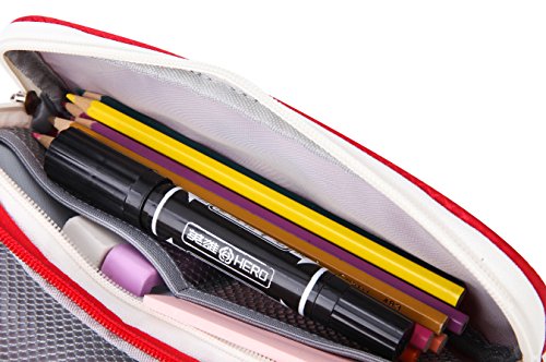 Large Capacity Double Zipper Pencil Case Bag Pen Pouch (Red, Red)
