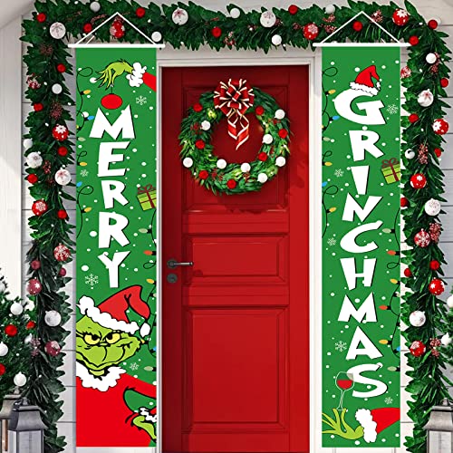 Grinch Christmas Porch Sign, Christmas Porch Banner Decorations, Merry Grinchmas Outdoor Banner for Xmas Hanging Banner Grinch Christmas Decorations Outdoor Wall Front Door Decor