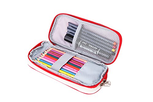 Large Capacity Double Zipper Pencil Case Bag Pen Pouch (Red, Red)