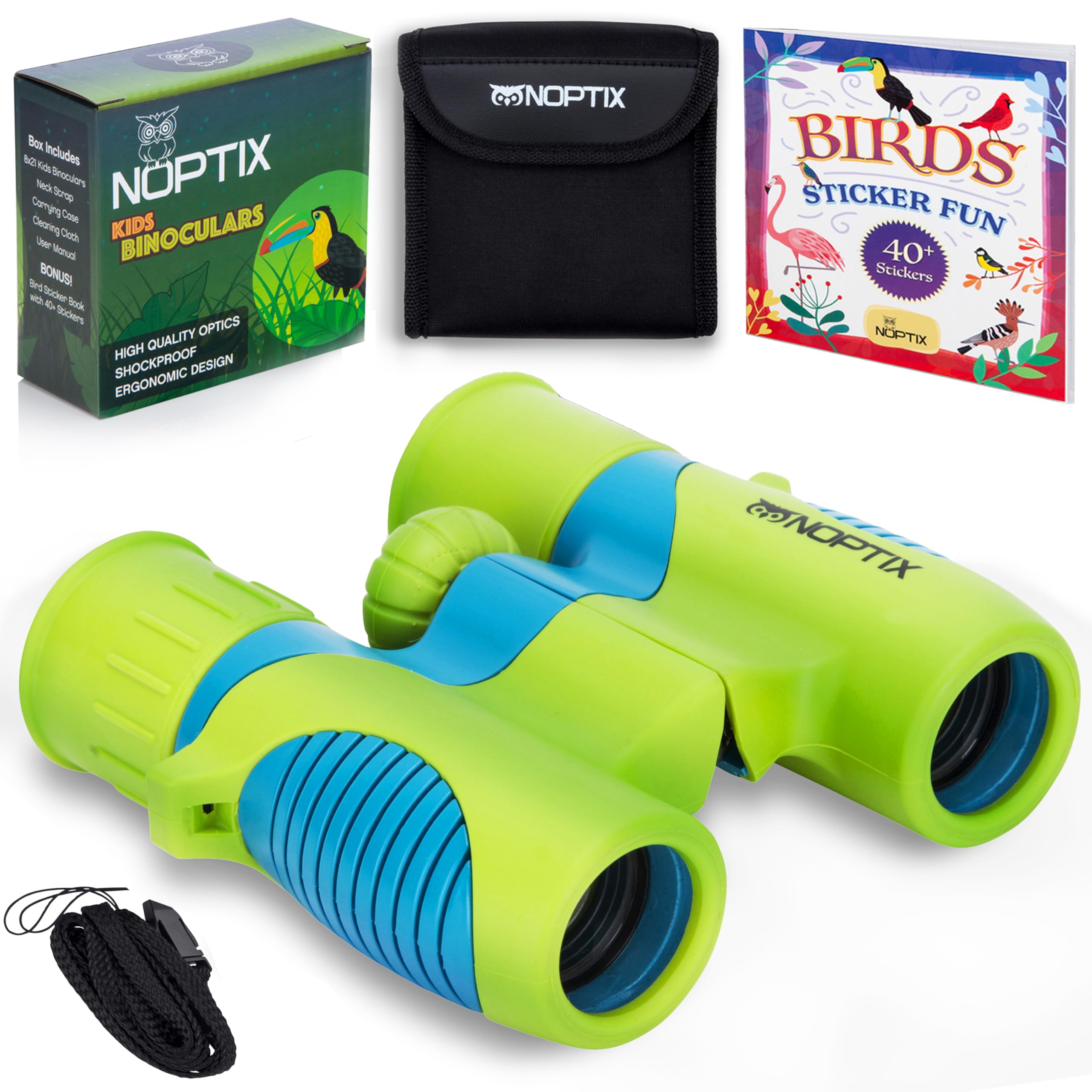 Binoculars for Kids, Girls or Boys Real Kids Binoculars in Vibrant Green Blue - includes Sticker Book with 40 Bird Species - Kids Toys Small Binoculars, Toddler Binoculars