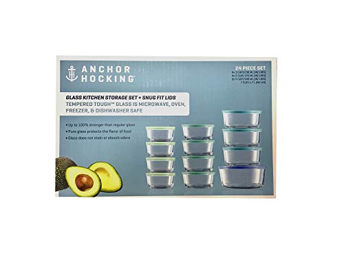 Anchor 10613AHG17 Hocking Company Food Storage Set 24PC, Container is Clear, lids are Either Green or Blue