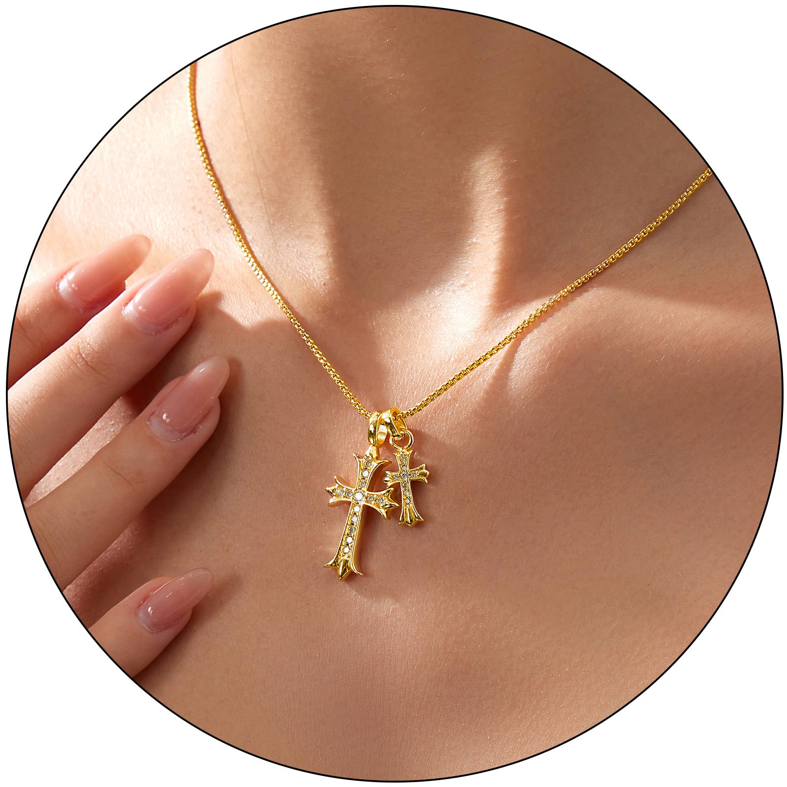 Partm Double Cross Necklace for Women Dainty Cross Pendant Choker 14K Gold Plated Trendy CZ Diamond Cross Charm Necklace Hypoallergenic Delicate Faith Jewelry Religious Gifts for Women