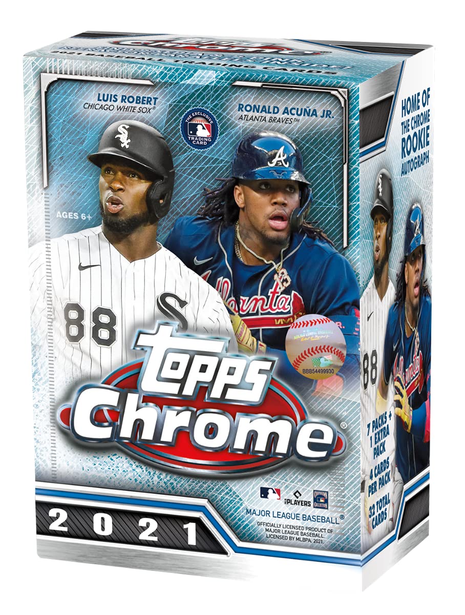 Topps 2021 Chrome Baseball Blaster Box, includes 200-card Base Set, color parallels, chrome autographs, Bisboland Prismic Power!, 32 cards per box