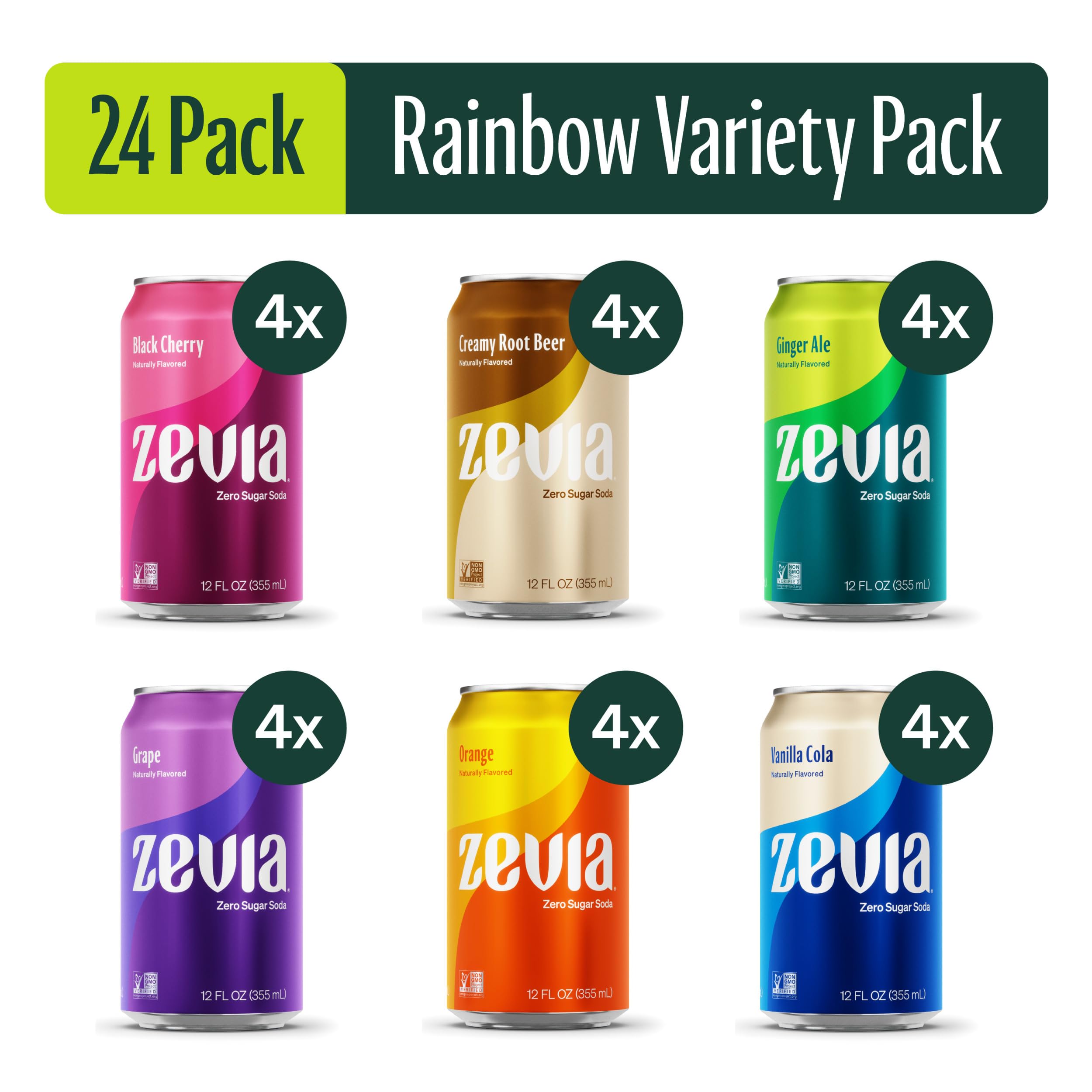 Zevia Zero Sugar Soda, Rainbow Variety Pack, 12 oz Cans (24-Pack) β Naturally Sweetened, Zero Calorie Sugar Free Soda - Non-GMO Project Verified, Gluten-Free, Vegan