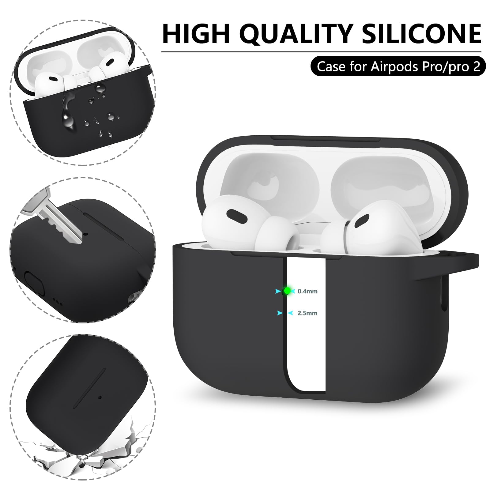 Ljusmicker for AirPods Pro Case Cover with Cleaner Kit,Soft Silicone Protective Case for Apple AirPod Pro 2nd/1st Generation Case for Women Men,AirPods Pro 2/Pro Case Accessories with Keychain-Black