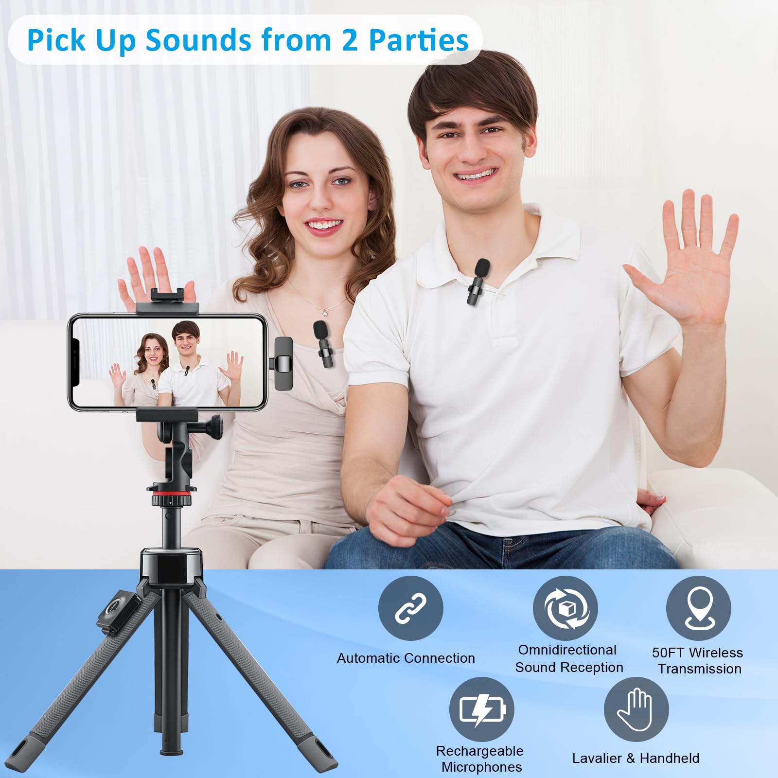 Wireless Lavalier Lapel Microphone for iPhone 15 Series/Android/Computer - Bluetooth Mini Phone Microphones for Video Recording - 2 Clip on Mics with USB C Interface for Tiktok YouTube Vlog