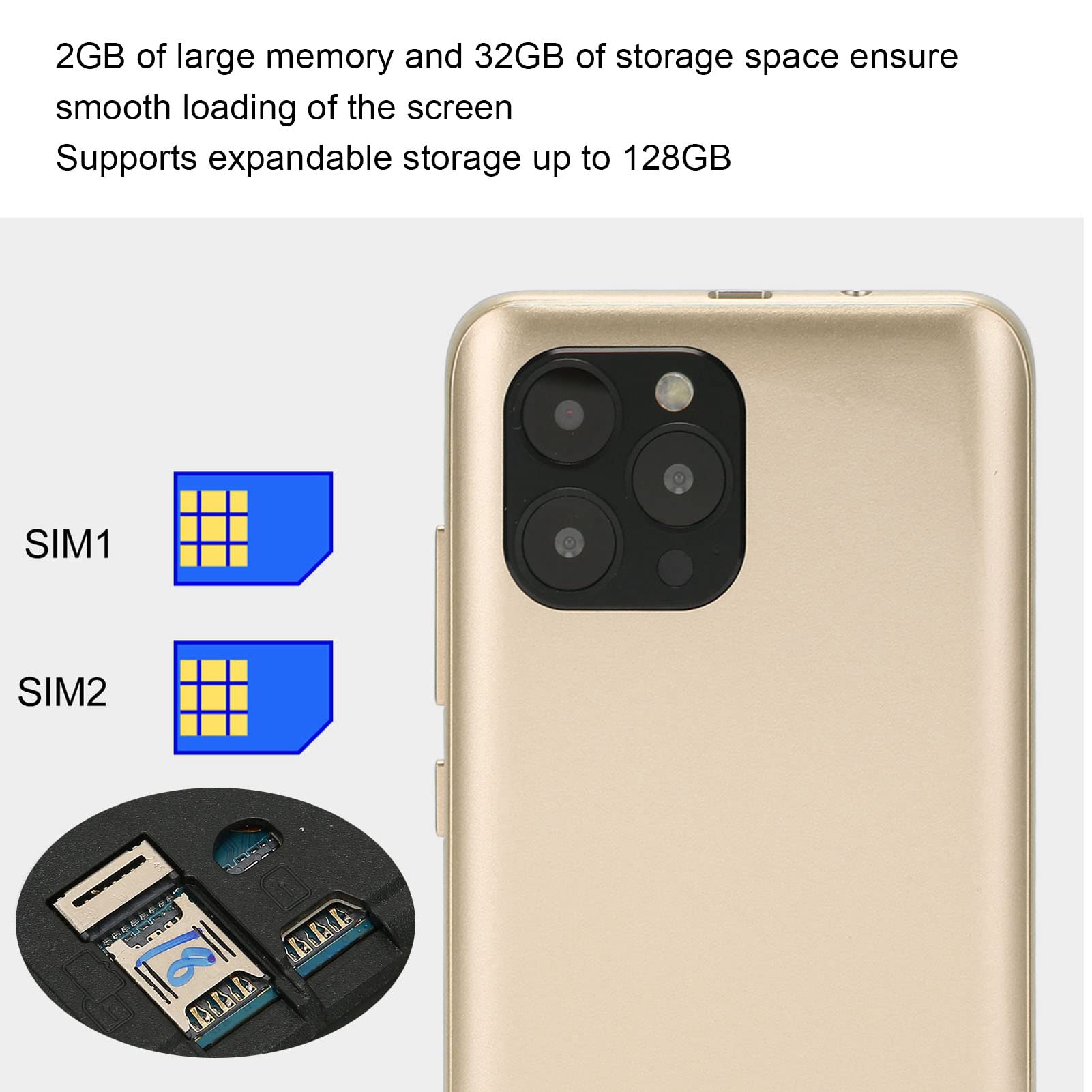 PUSOKEI 4G Cell Phone, Unlocked Android Smartphone, 2GB RAM 32GB ROM, 4.66 Full HD Screen, Dual SIM Slot, Pro Grade Camera, Face Recognition, WiFi, BT, Long Battery Life (Gold)