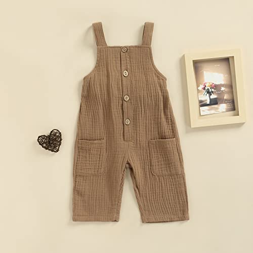 Mubineo Toddler Baby Girl Boy Solid Pocket Overalls Comfy Overall Romper Jumpsuit (Brown, 12-18 Months)