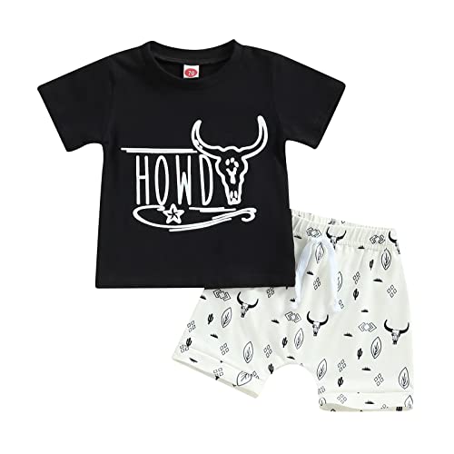 Amiblvowa Cute Western Baby Boy Summer Clothes Cow Print T Shirt Jogger Shorts Set Newborn Toddler Cowboy Country Outfit (Black Beige, 18-24 Months)