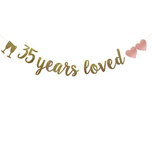 35 Years Loved Banner, Pre-Strung, Gold Glitter Paper Garlands for 35th Birthday/Wedding Anniversary Party Decorations Supplies, No Assembly Required,(Gold) SUNbetterland