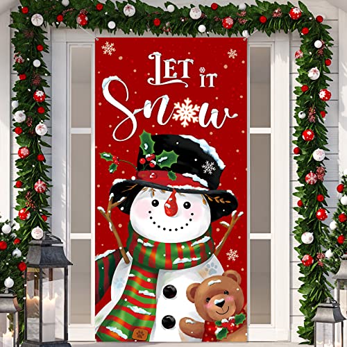 Christmas Snowman Door Cover Red Christmas Welcome Door Decoration Backdrop Let It Snow Front Door Hanging Banner Backdrop for Xmas Holiday Party Supplies Home Indoor Outdoor Door Decor, 71 x 35 Inch
