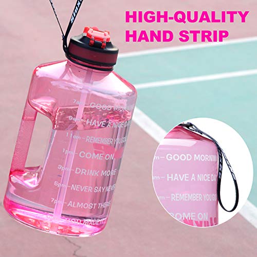 SLUXKE Gallon Water Bottle with Straw and Time Marker, 74oz BPA Free Huge Water Jug with Handle, LeakProof Pop Up Daily Water Intake Bottle Light Pink