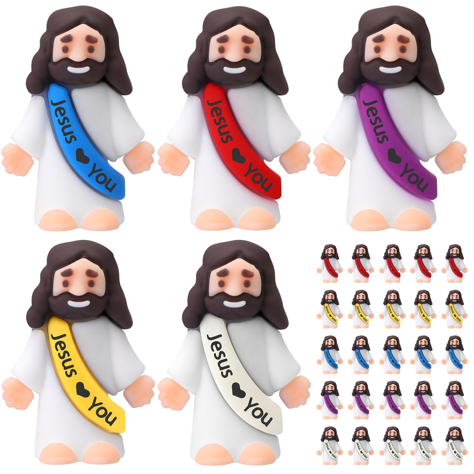 Bememo 25 Pcs Little Jesus Figures Original Design Easter Jesus Love You Mini Rubber Toys to Hide and Seek Religious Party Favors Sunday School Baptism Gifts Easter Egg Stuffers(Lively Colors)