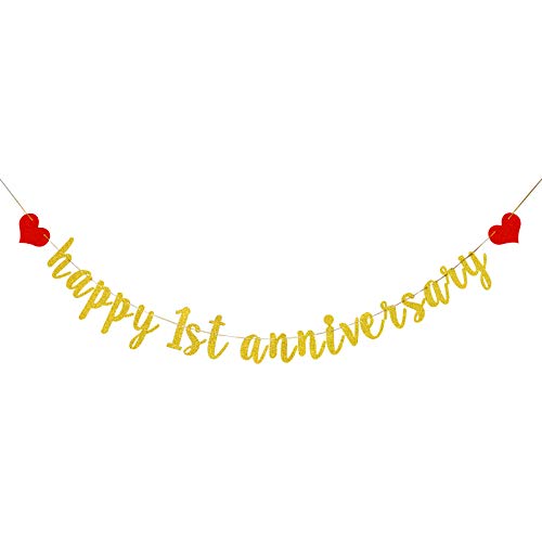 AonBon Gold Happy 1st Anniversary Banner, for 1st Anniversary Party Decoration, 1st Wedding Anniversary Party Decoration Photo Props