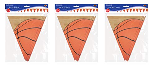 Beistle Plastic Pennant Banners 3 Piece Birthday Basketball Decorations Sports Party Supplies, 11" x 12', Orange/Black/Tan
