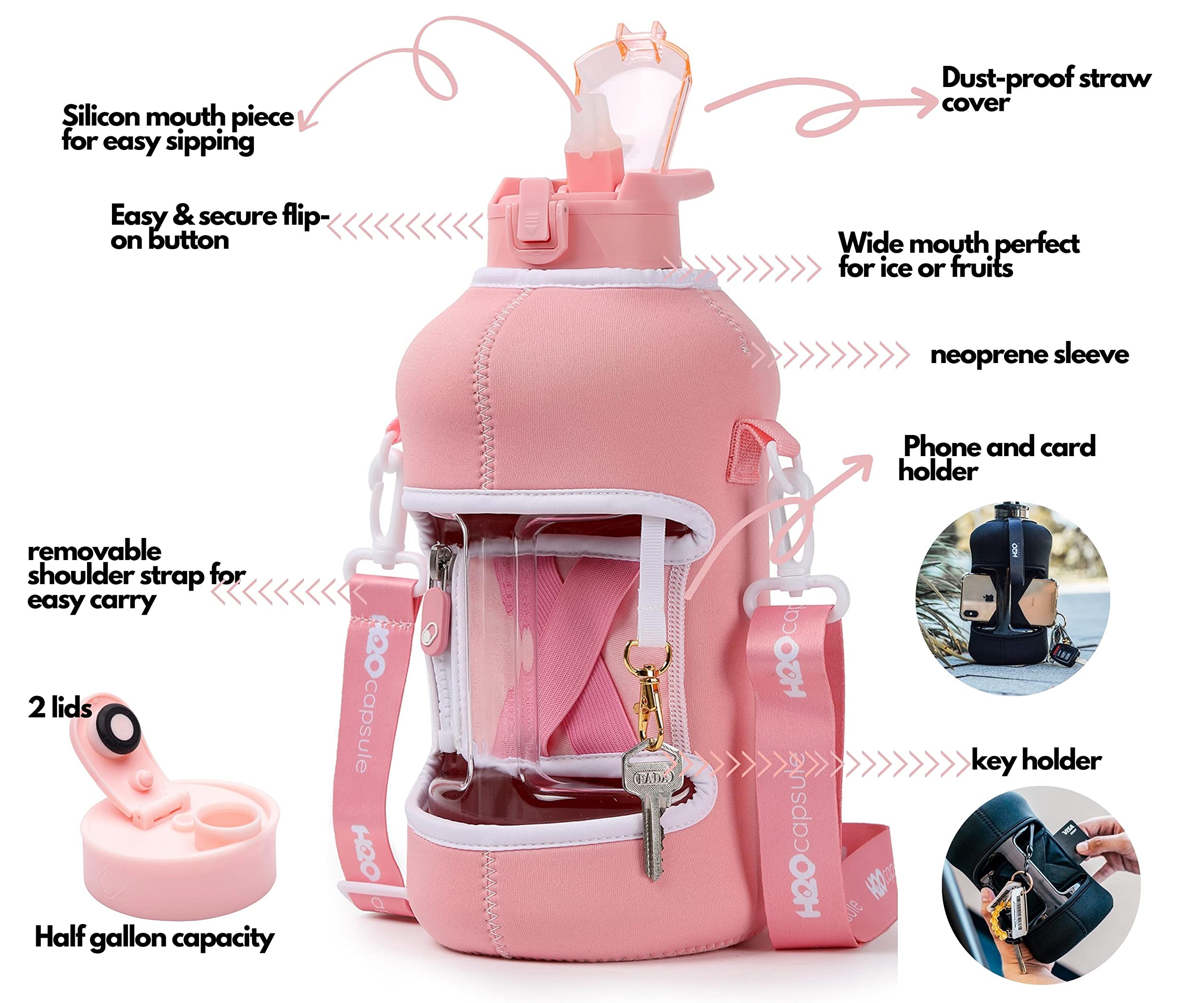 H2O Capsule 2.2L Half Gallon Water Bottle with Storage Sleeve and Covered Straw Lid – BPA Free Large Reusable Drink Container with Handle - Big Sports Jug, 2.2 Liter (74 Ounce) Rose Quartz