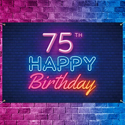 Glow Neon Happy 75th Birthday Backdrop Banner Decor Black – Colorful Glowing 75 Years Old Birthday Party Theme Decorations for Men Women Supplies