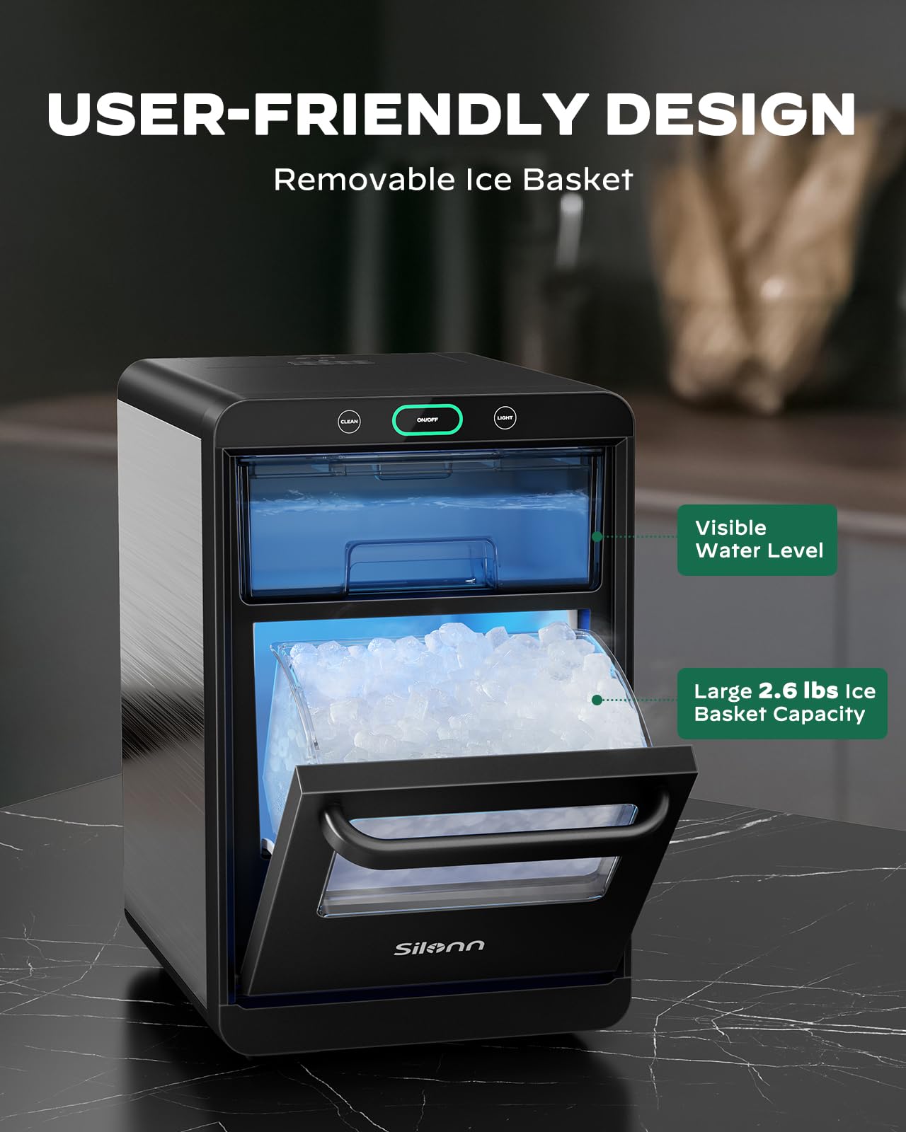 Silonn Nugget Ice Maker Countertop, Pebble Ice Maker Nugget, 44lbs Crushed Ice in 24h, Pull-Out Water Tank and Removable Ice Basket for Home, Kitchen, Stainless Steel