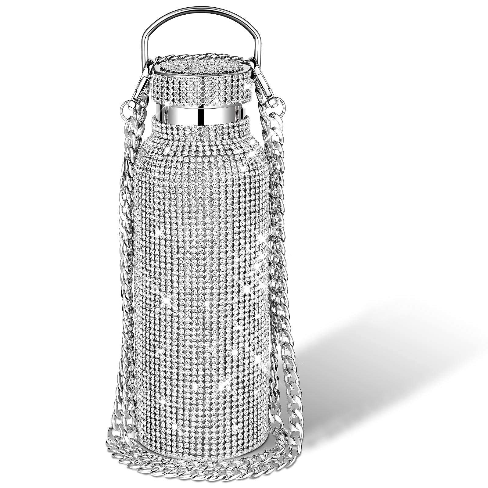 Diamond Water Bottle Bling Rhinestone Stainless Steel Thermal Bottle Refillable Insulated Glitter Water Jug with Chain for Women Girls Gifts(500 ml,Silver)