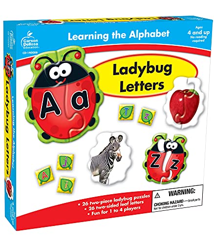 Carson Dellosa Ladybug Letters Alphabet Puzzle—Kids Alphabet Game With 26 2-Piece Ladybug Puzzles, 26 2-Sided Leaves With Alphabet Letters, 1-4 Players, Ages 4+