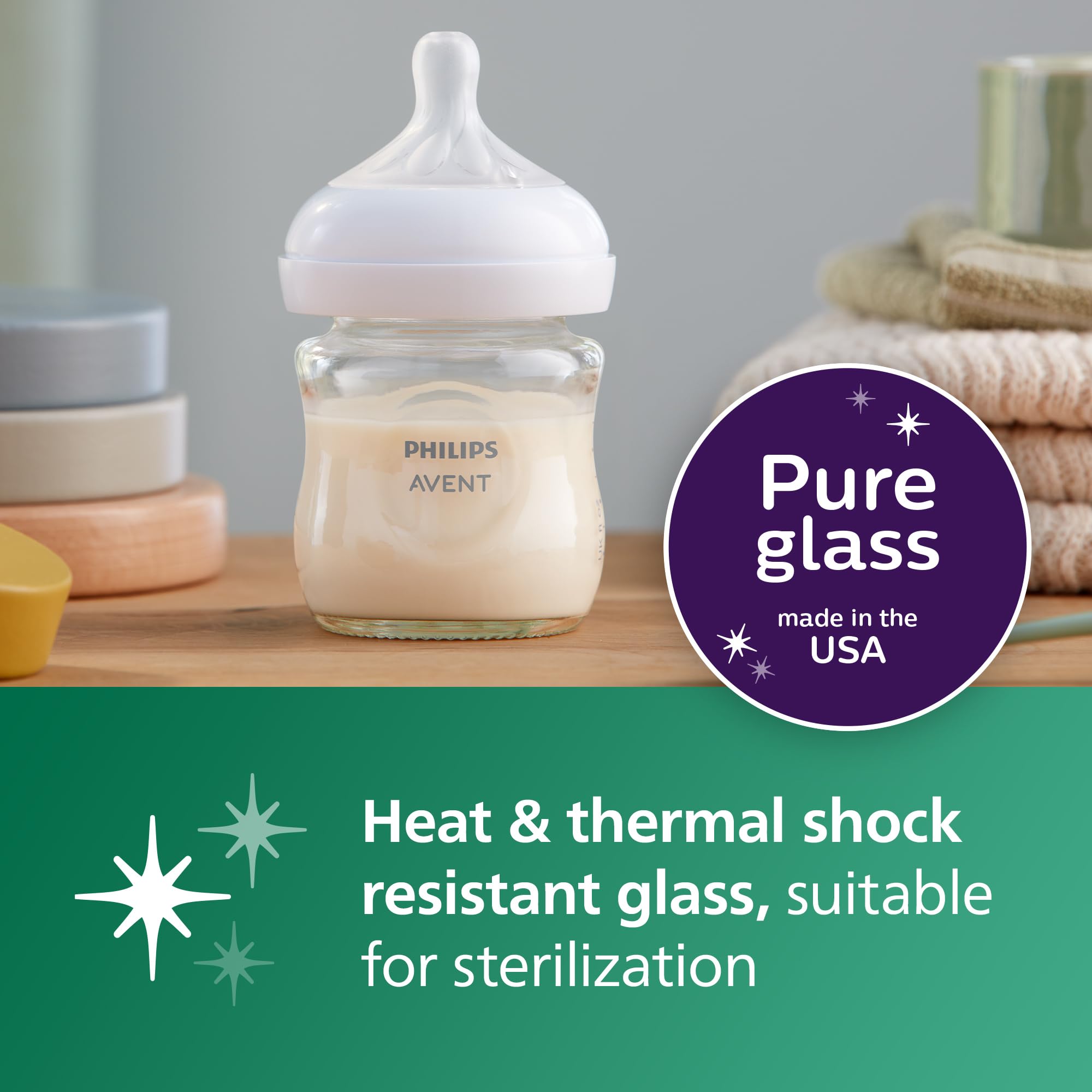 Philips Avent Natural Glass Baby Bottles with Natural Response Nipples (Slow Flow, Flow 2), 4oz, 4-Pack, SCY910/04