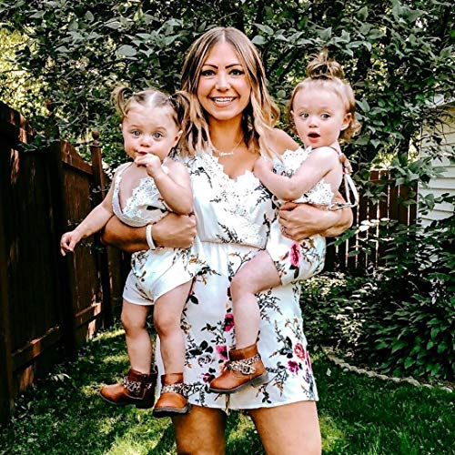 IFFEI Mommy and Me Matching Jumpsuit Outfits Floral Printed V Neck Romper Beachwear White 6-7 Years