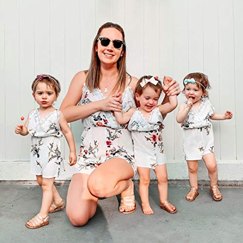 IFFEI Mommy and Me Matching Jumpsuit Outfits Floral Printed V Neck Romper Beachwear White 6-7 Years
