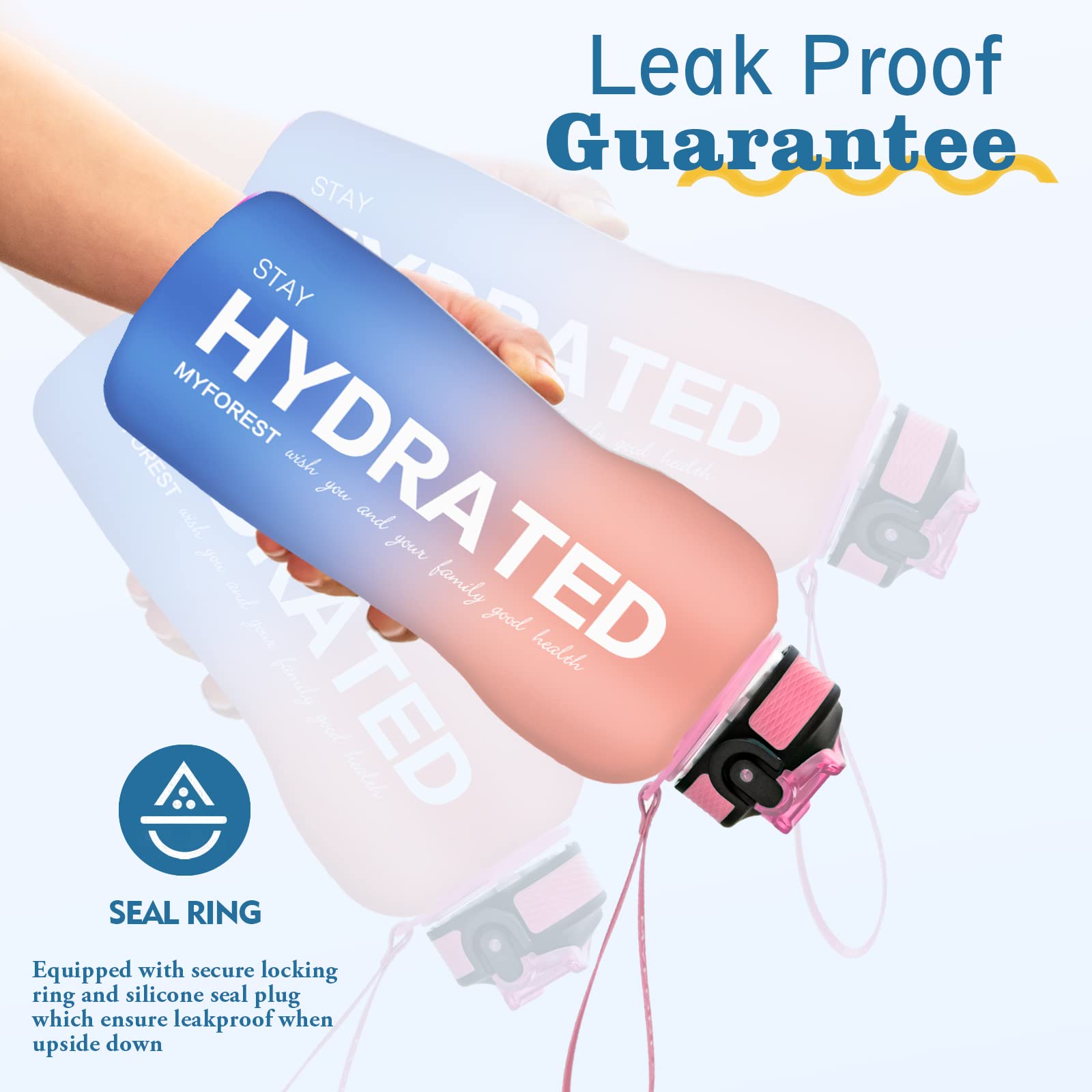 MYFOREST 64oz Water Bottle, Time Marker for Motivational Hydration, Drop-proof, BPA-free, Nozzle/Straw/Carry-Strap/Wide-Mouth for Easy Clean - 1900mL Large Sports Jug