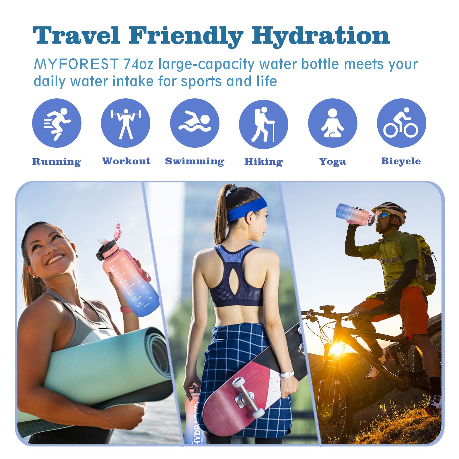 MYFOREST 64oz Water Bottle, Time Marker for Motivational Hydration, Drop-proof, BPA-free, Nozzle/Straw/Carry-Strap/Wide-Mouth for Easy Clean - 1900mL Large Sports Jug