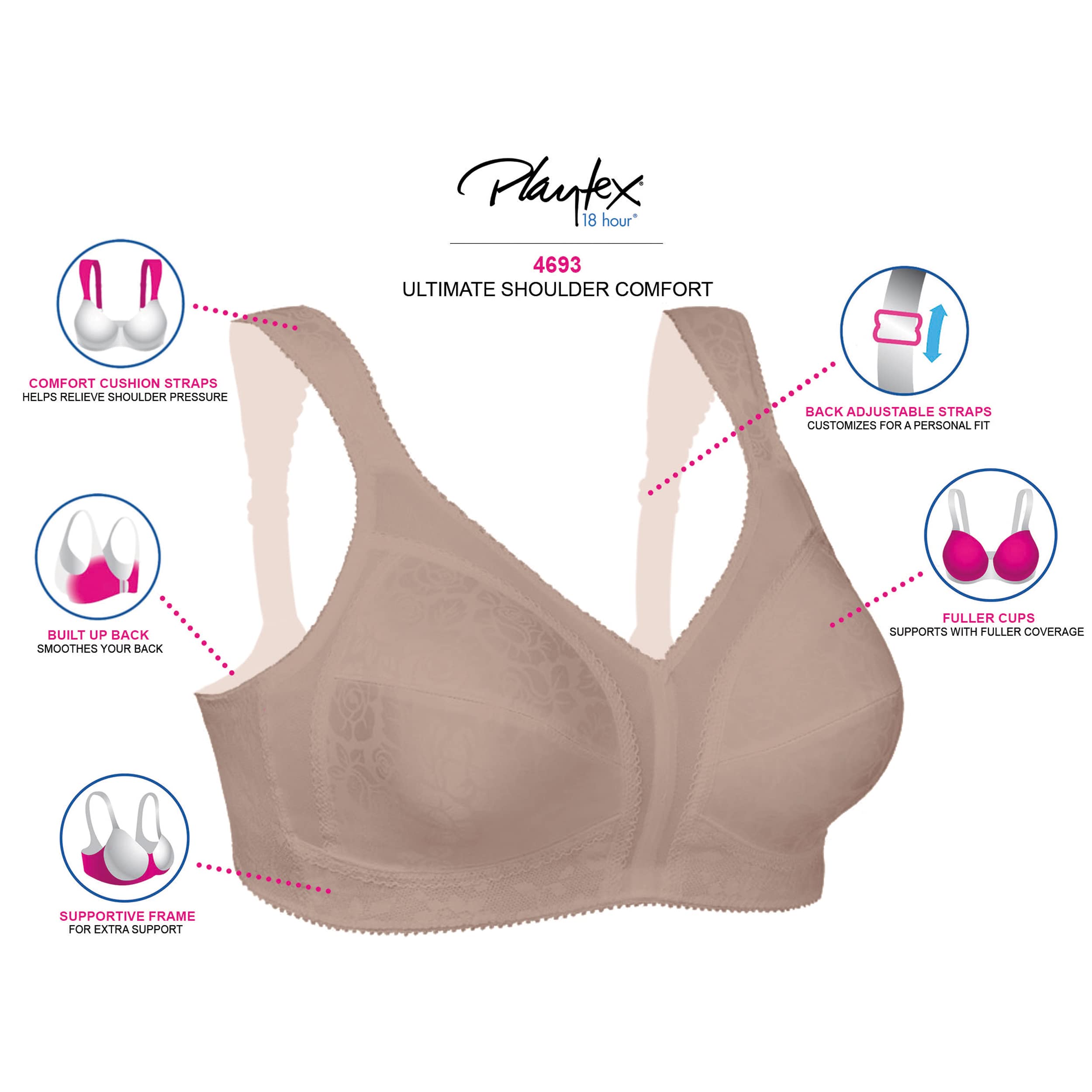PLAYTEX Womens 18 Hour Comfort-strap Wireless Bra, Full-coverage With 4-way Trusupport, Single & 2-pack Bras, White, 44B US