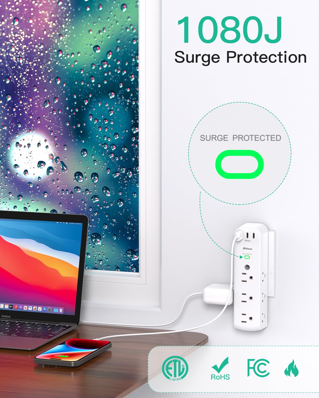 Surge Protector Outlet Extender, 9 AC Multi Plug Outlet with 3 USB Ports (2 USB C), 1080 Joules, 3-Sided Power Strip with Spaced Outlet Splitter for Home, Dorm Room Essentials