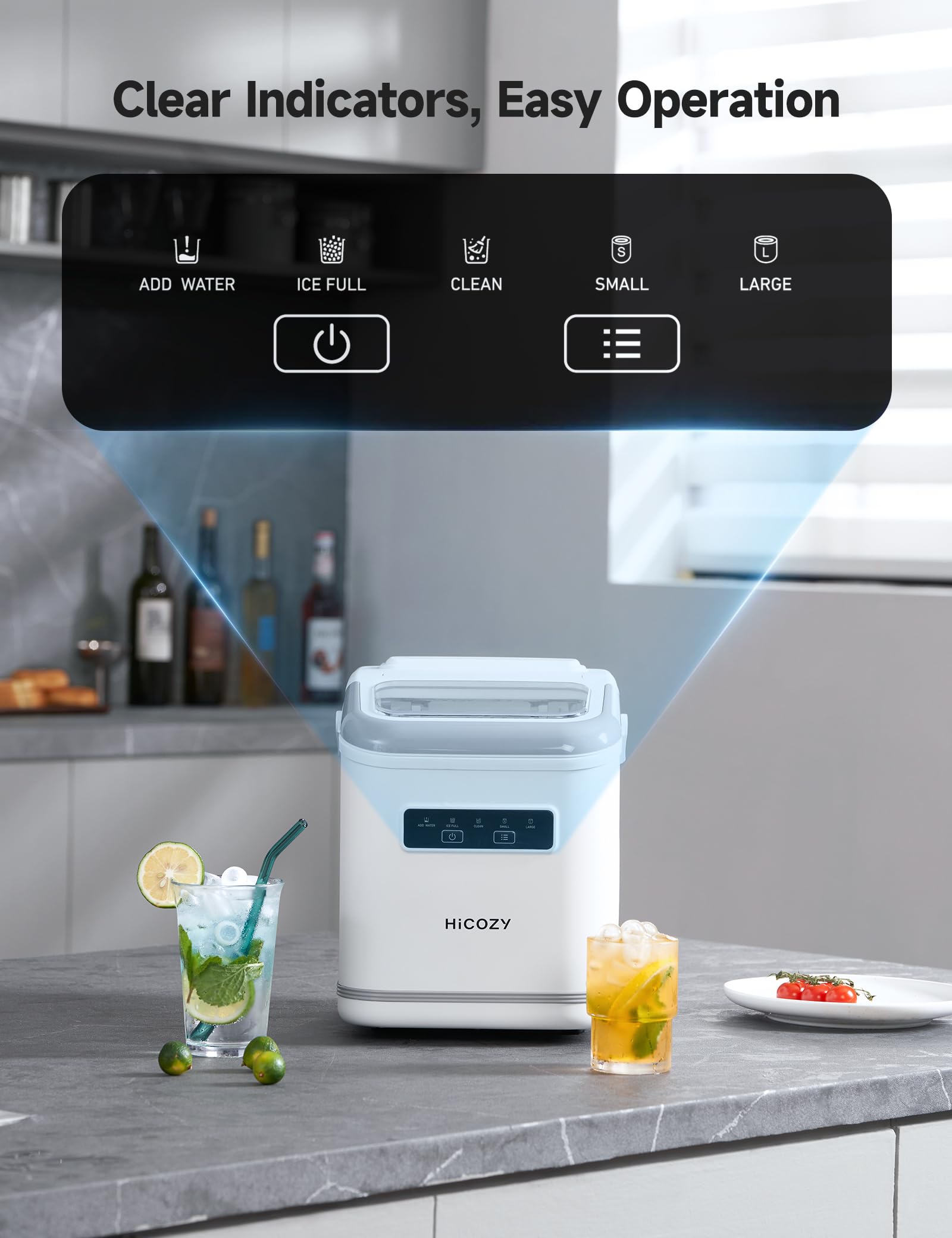 HiCOZY Countertop Ice Maker with Handle, Ice in 6Mins, 26 lbs/Day, Portable Ice Maker Machine with Self-Cleaning for Apartment/Under Cabinet/Kitchen/Office/Camping/RV/Home Bar(White)