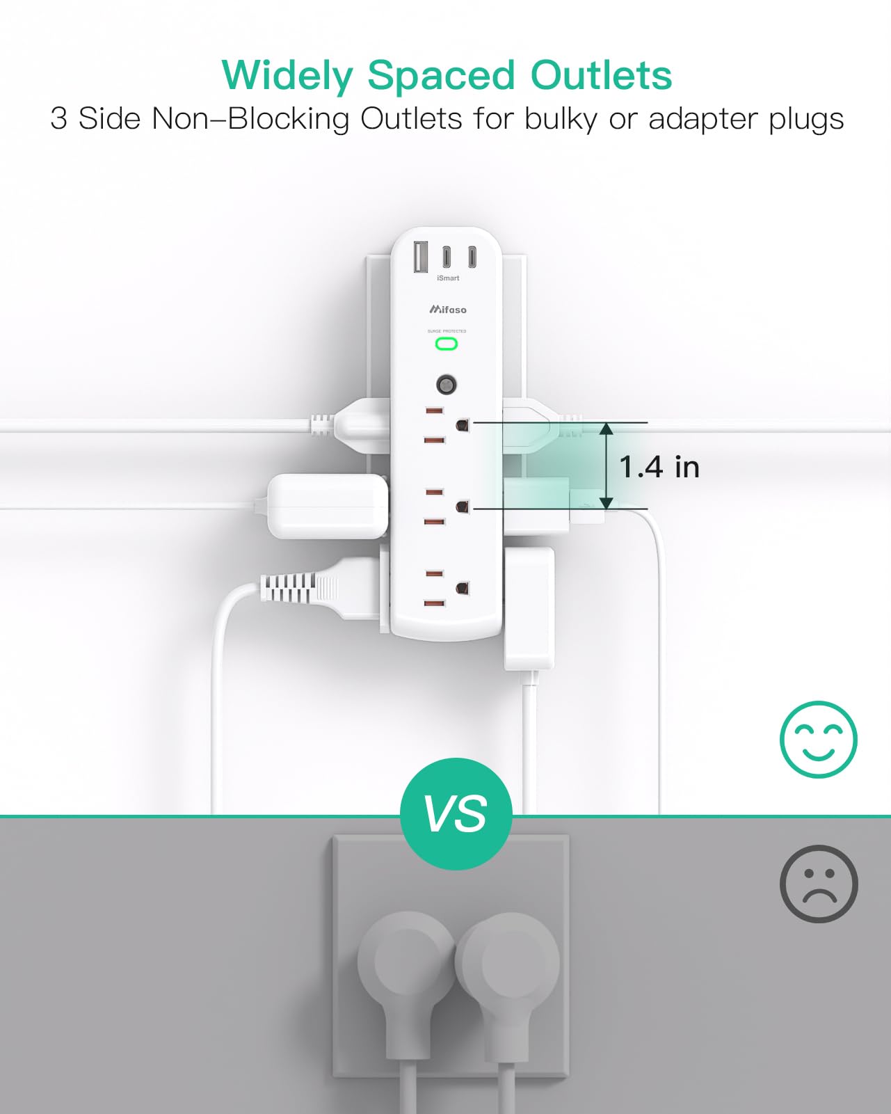 Surge Protector Outlet Extender, 9 AC Multi Plug Outlet with 3 USB Ports (2 USB C), 1080 Joules, 3-Sided Power Strip with Spaced Outlet Splitter for Home, Dorm Room Essentials