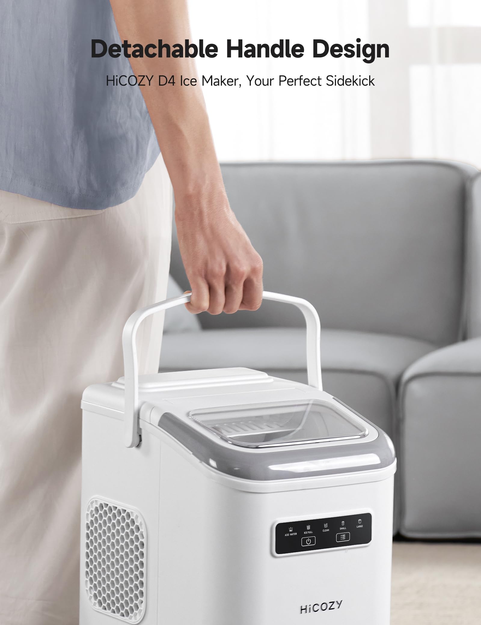 HiCOZY Countertop Ice Maker with Handle, Ice in 6Mins, 26 lbs/Day, Portable Ice Maker Machine with Self-Cleaning for Apartment/Under Cabinet/Kitchen/Office/Camping/RV/Home Bar(White)
