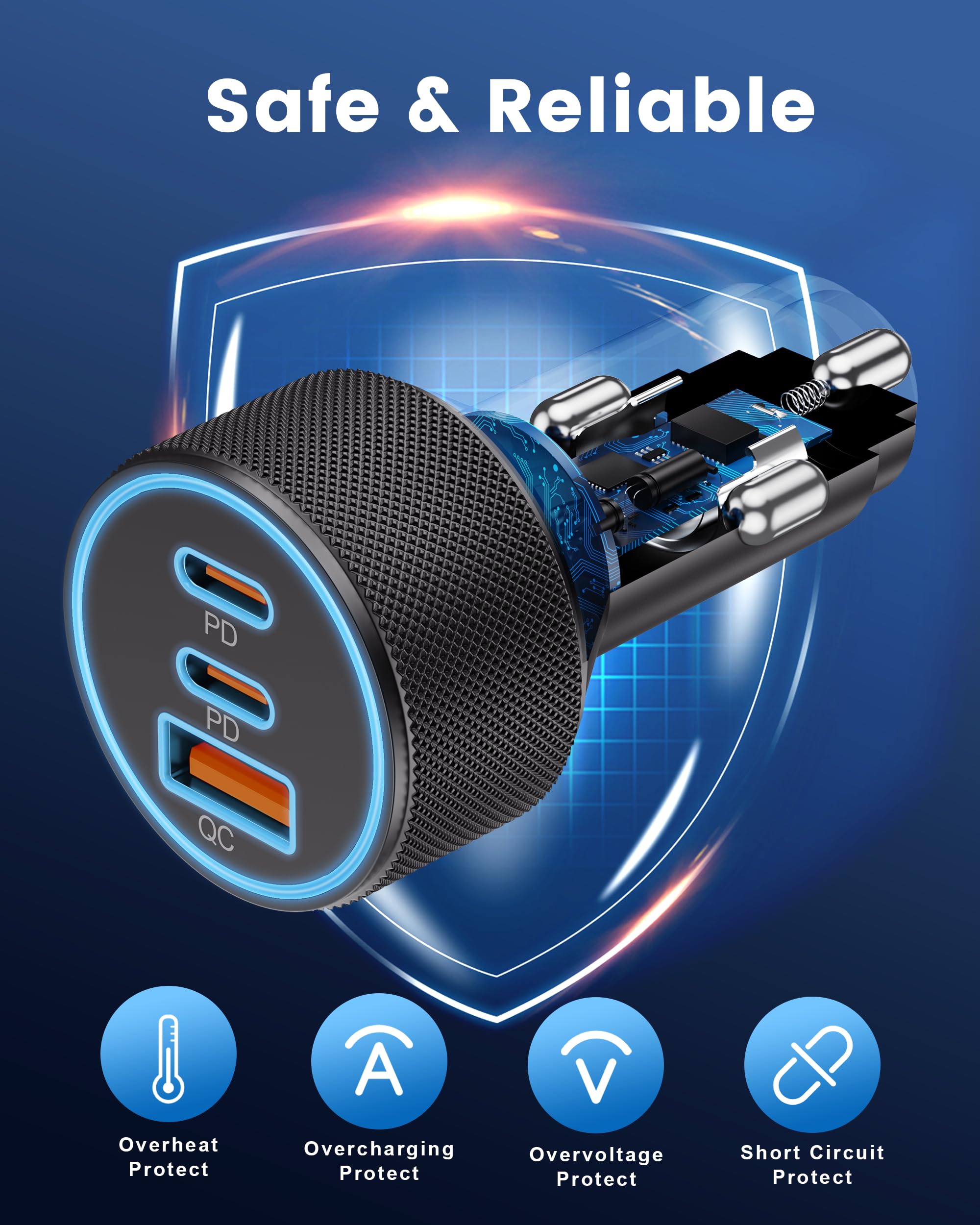 USB C Car Charger, 3-Port 67W Dual USB-C & USB-A Car Power Adapter PD/QC Fast Charging Cigarette Lighter for iPhone 16/15/14/13/12/11/Pro Max, iPad, Samsung Galaxy S25 S24/S23/S22/S21, Pixel, Android