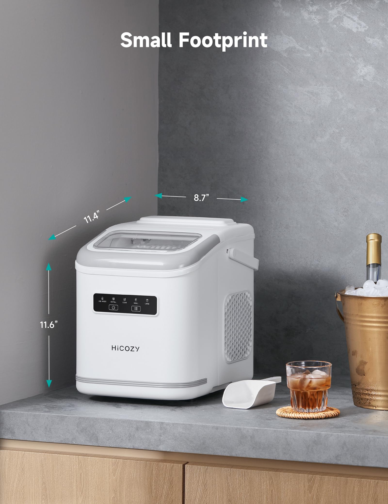 HiCOZY Countertop Ice Maker with Handle, Ice in 6Mins, 26 lbs/Day, Portable Ice Maker Machine with Self-Cleaning for Apartment/Under Cabinet/Kitchen/Office/Camping/RV/Home Bar(White)