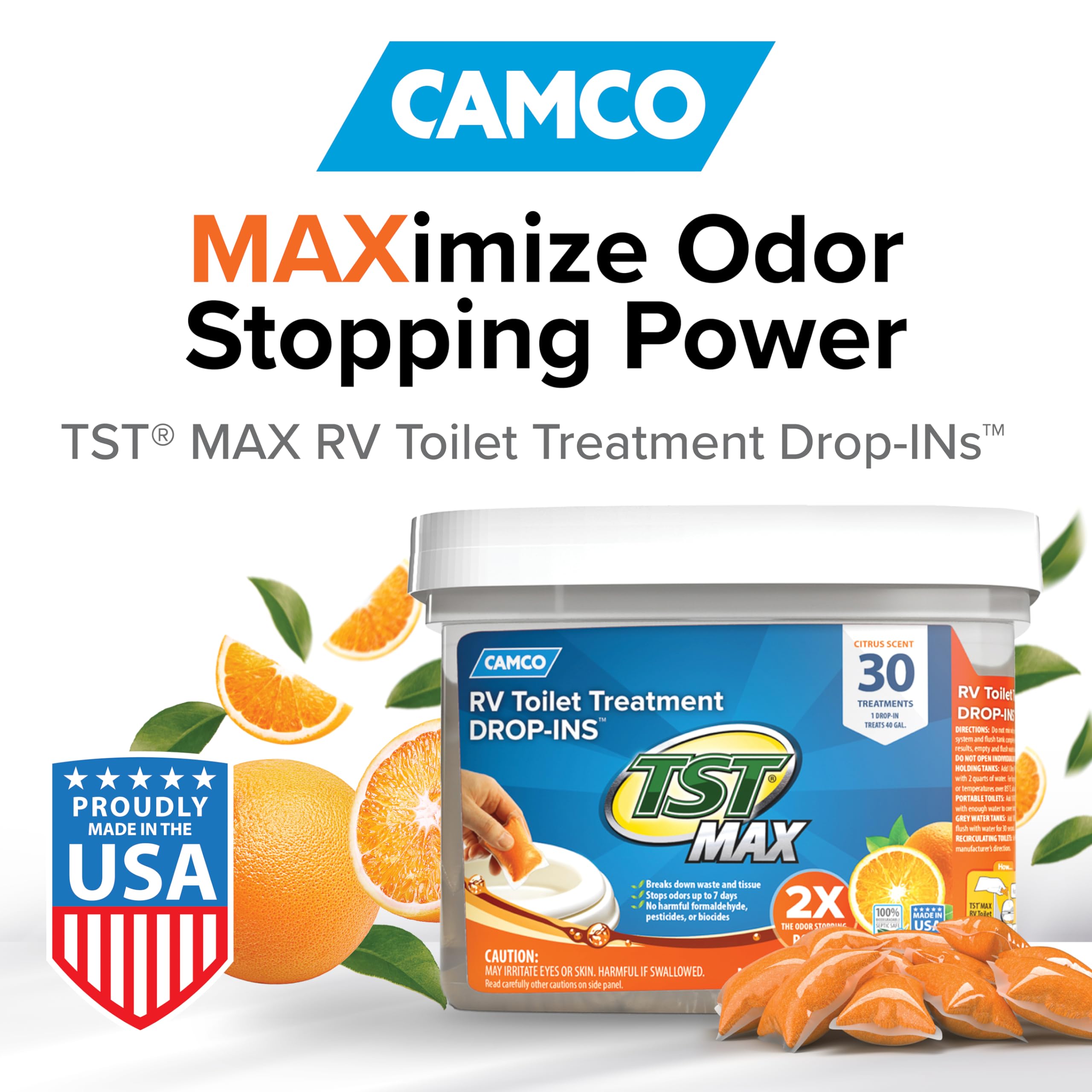 Camco TST MAX Camper/RV Toilet Treatment Drop-INs - Control Unwanted Odors & Break Down Waste and Tissue - Safe Septic Tank Treatment - Orange Scent, 30-Pack (41183)