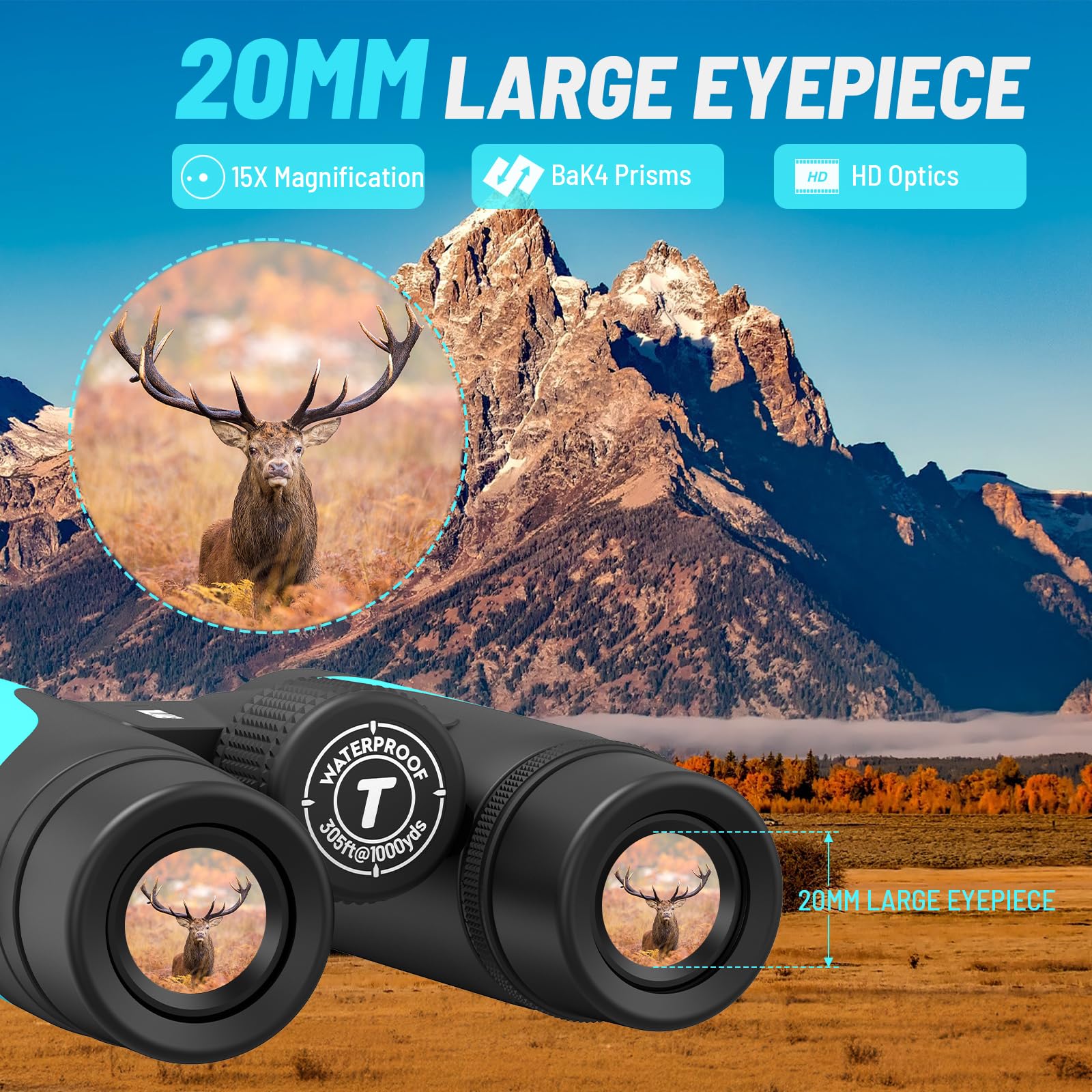 15x55 HD Binoculars for Adults High Powered, Large View Binoculars BAK4 Prism Waterproof Binoculars -Lightweight Binoculars for Bird Watching Hiking Travel Cruise Trip with Phone Adapter(Blue)
