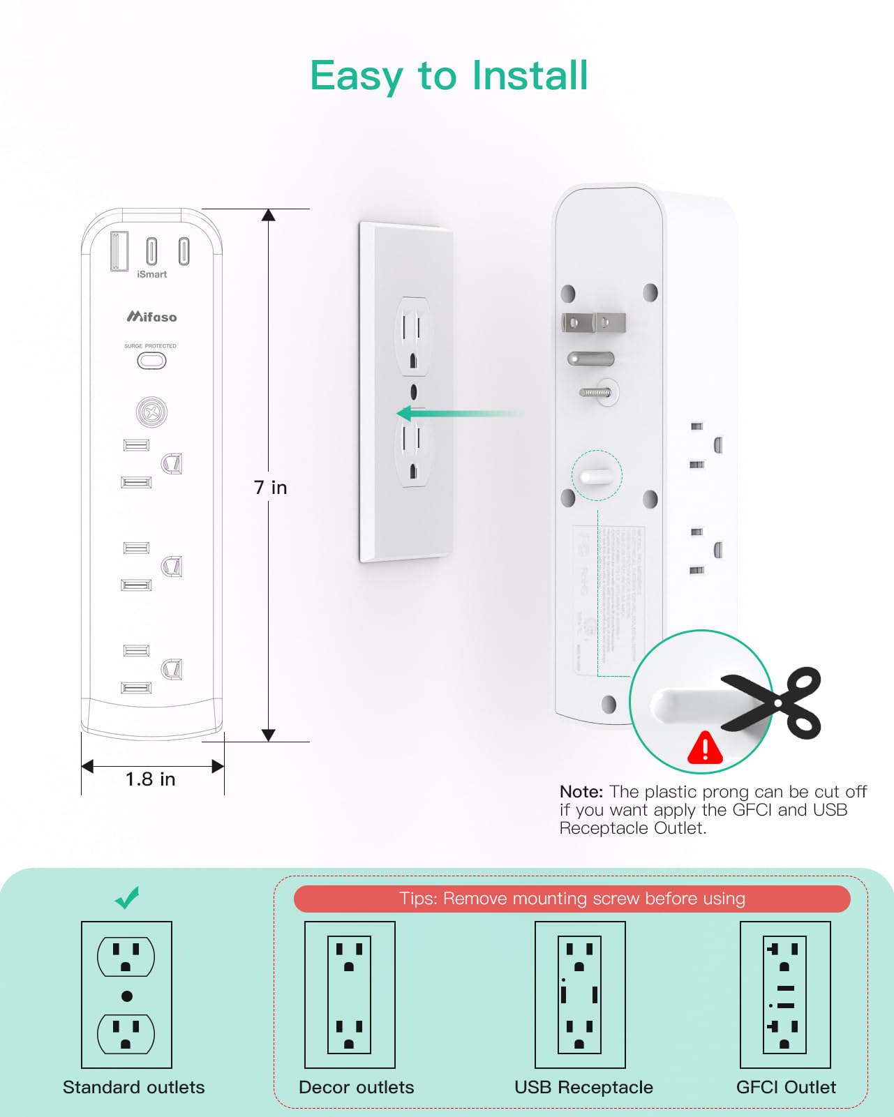 Surge Protector Outlet Extender, 9 AC Multi Plug Outlet with 3 USB Ports (2 USB C), 1080 Joules, 3-Sided Power Strip with Spaced Outlet Splitter for Home, Dorm Room Essentials