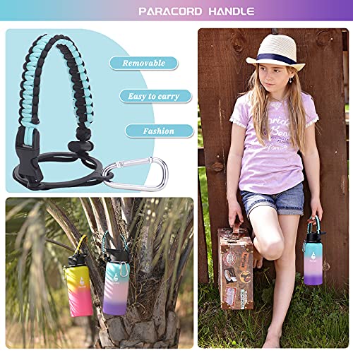 Farsea Insulated Water Bottle with Straw Lid & Spout Lid & Paracord Handle, Stainless Steel Water Bottle Wide Mouth, Double Wall Sweat-Proof BPA-Free, 32 oz, Gradient Mint + Pink + Purple