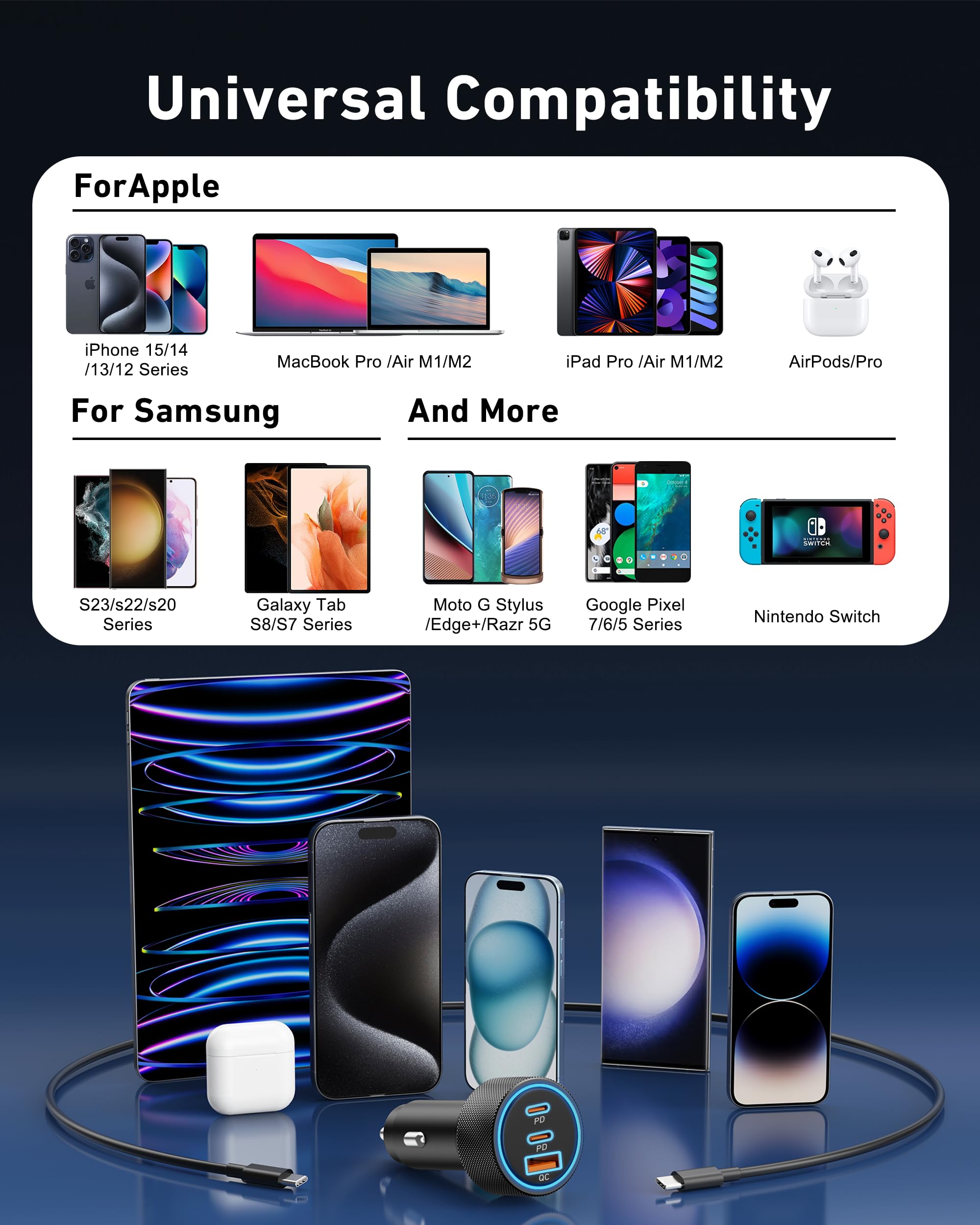 USB C Car Charger, 3-Port 67W Dual USB-C & USB-A Car Power Adapter PD/QC Fast Charging Cigarette Lighter for iPhone 16/15/14/13/12/11/Pro Max, iPad, Samsung Galaxy S25 S24/S23/S22/S21, Pixel, Android