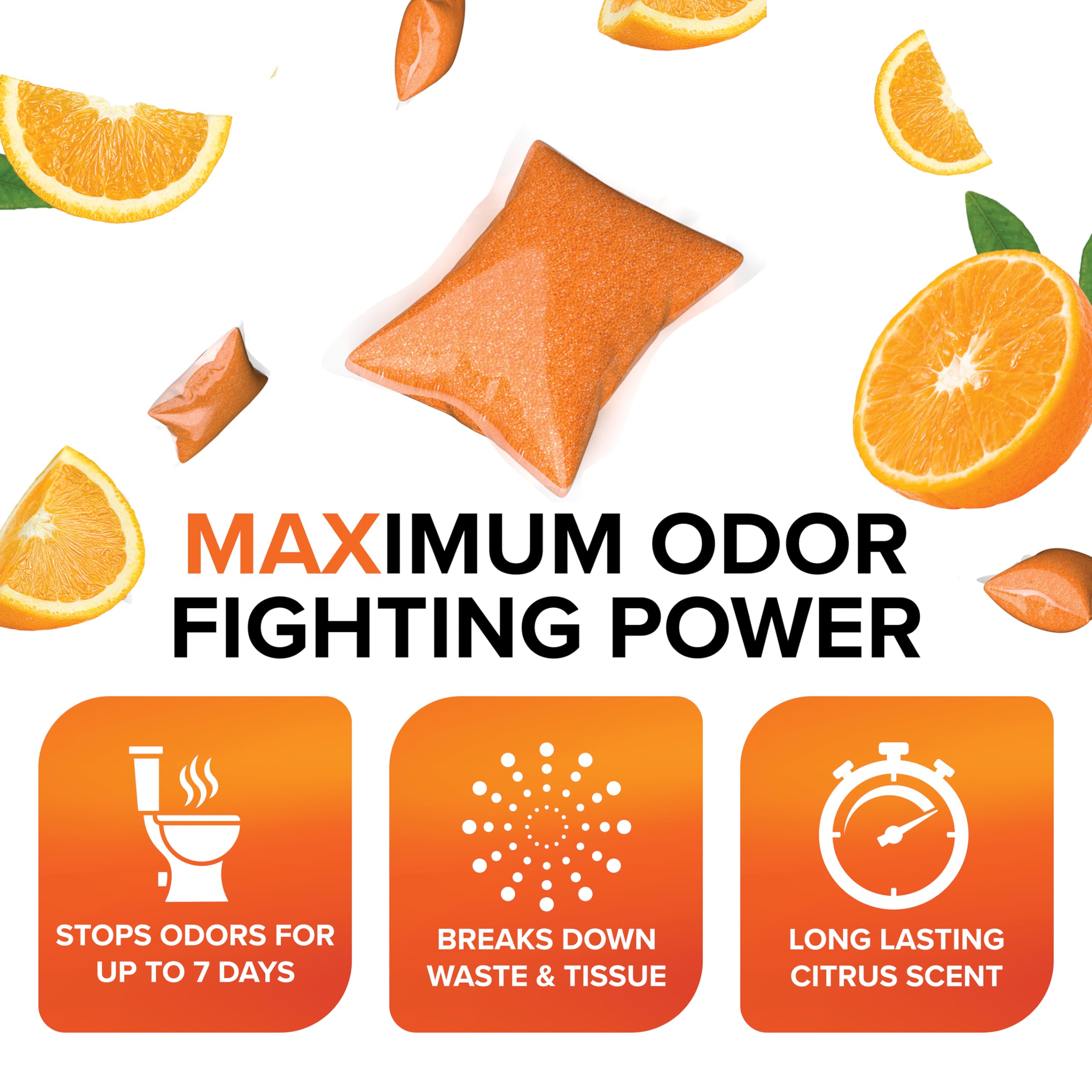 Camco TST MAX Camper/RV Toilet Treatment Drop-INs - Control Unwanted Odors & Break Down Waste and Tissue - Safe Septic Tank Treatment - Orange Scent, 30-Pack (41183)