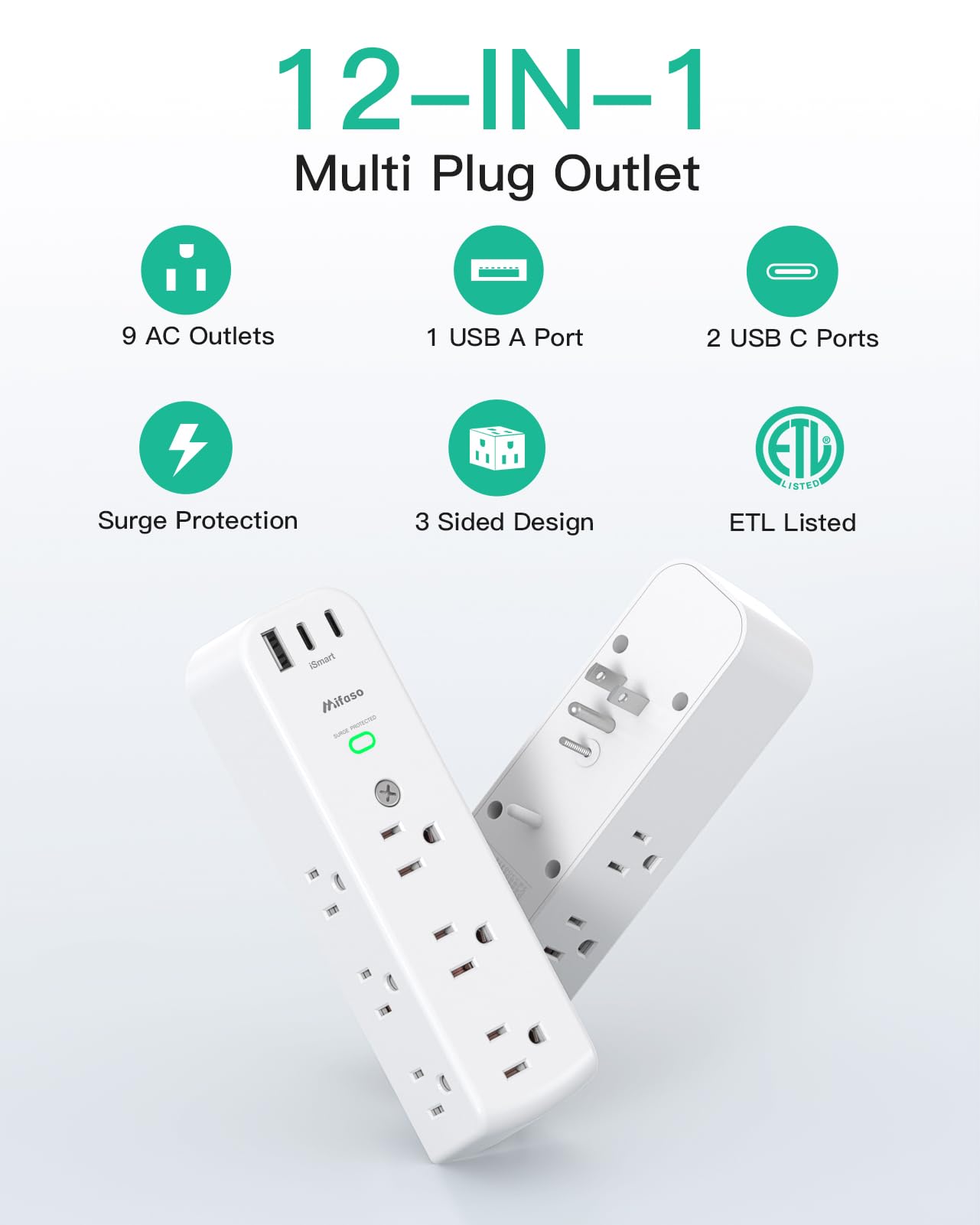 Surge Protector Outlet Extender, 9 AC Multi Plug Outlet with 3 USB Ports (2 USB C), 1080 Joules, 3-Sided Power Strip with Spaced Outlet Splitter for Home, Dorm Room Essentials