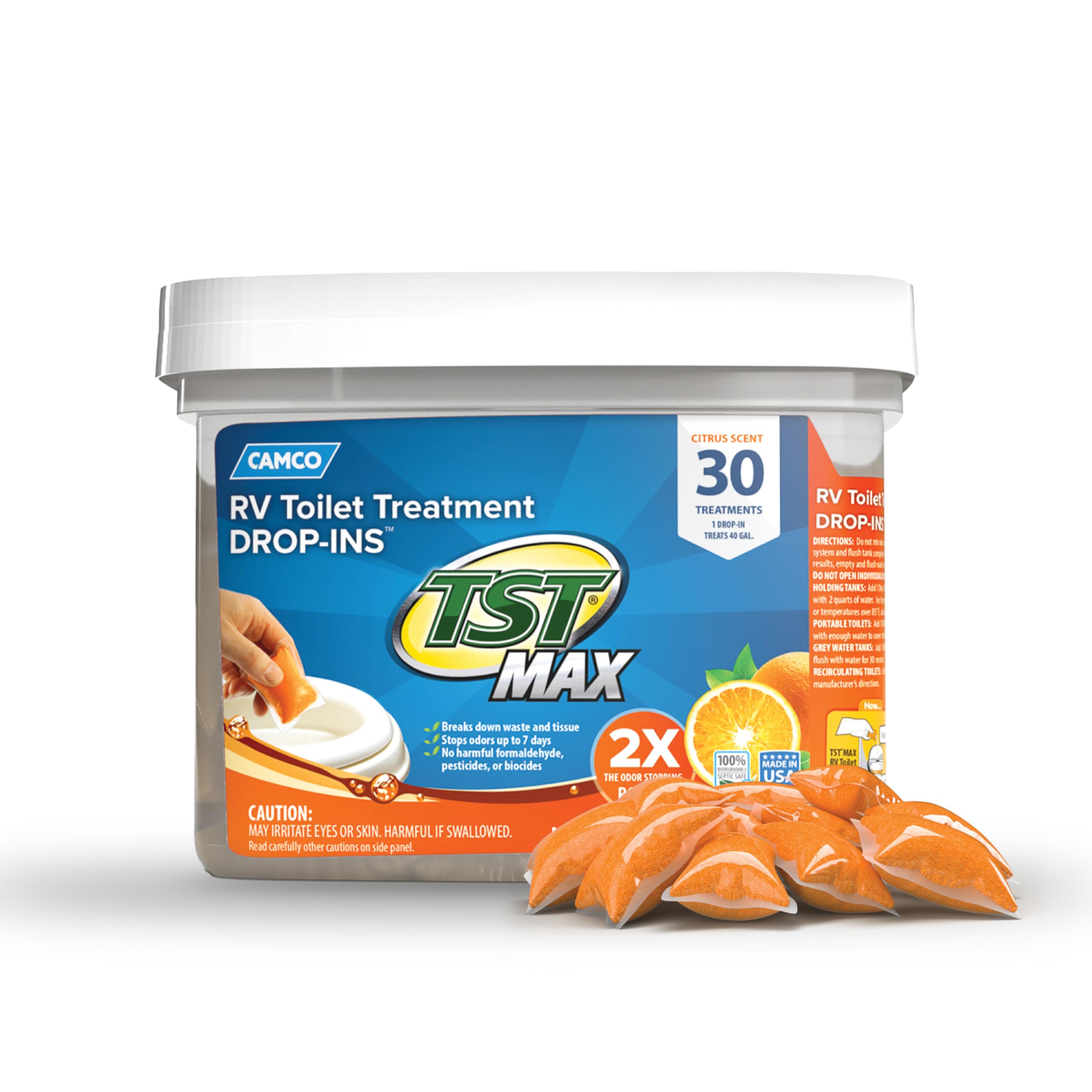Camco TST MAX Camper/RV Toilet Treatment Drop-INs - Control Unwanted Odors & Break Down Waste and Tissue - Safe Septic Tank Treatment - Orange Scent, 30-Pack (41183)