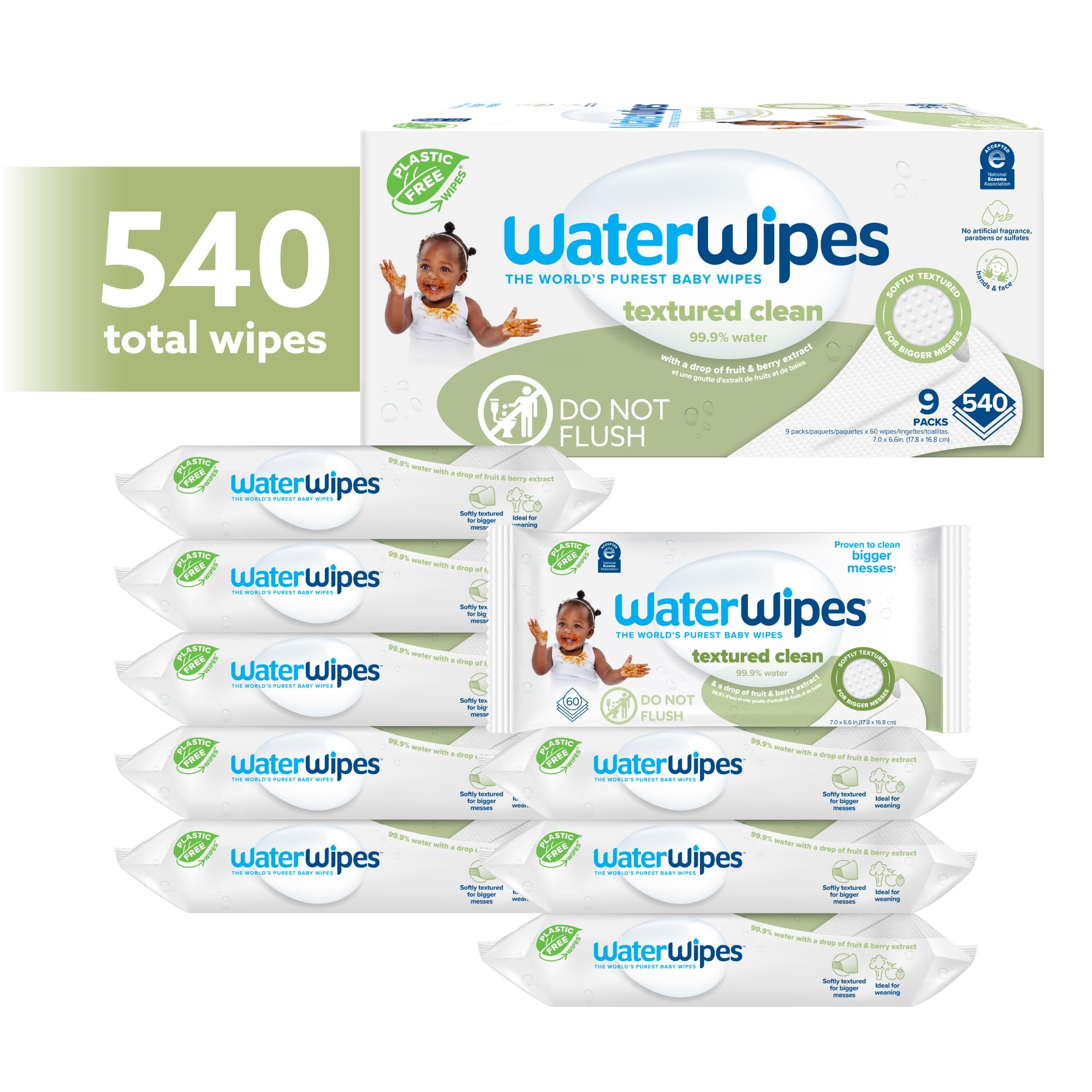 WaterWipes Plastic-Free Textured Clean, Toddler & Baby Wipes, 99.9% Water Based Wipes, Unscented & Hypoallergenic for Sensitive Skin, 540 Count (9 packs), Packaging May Vary