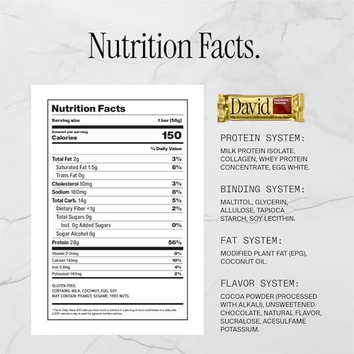 David, Protein Bar, Variety Pack, Pack of 6 Protein Bars | 28g of Protein | 150 Calories | 0g of Sugar - High Protein, Low Carb, Gluten Free Protein Bar